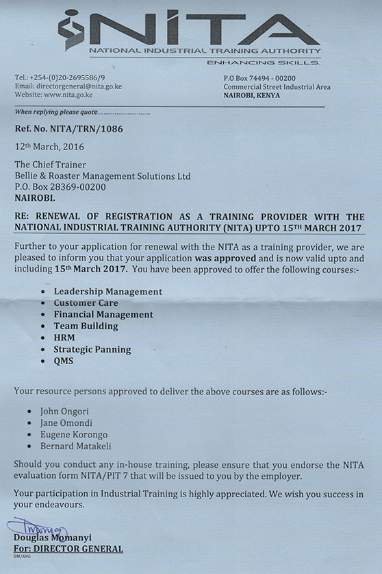 Certificates & Licenses – Bellie & Roaster